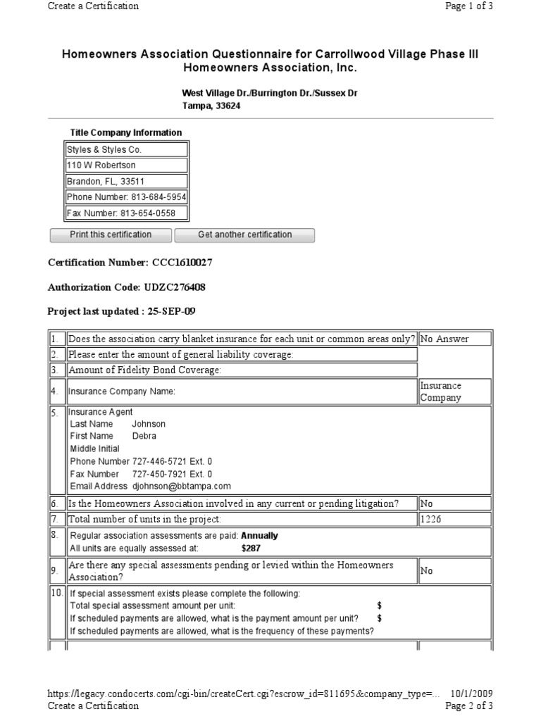 Hoa Questionnaire | Download Free PDF | Home Insurance | Mortgage Law
