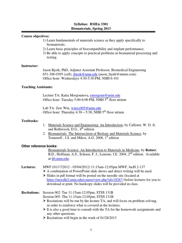 BMEn 3301: Biomaterials Syllabus | PDF | Experiment | Materials Science