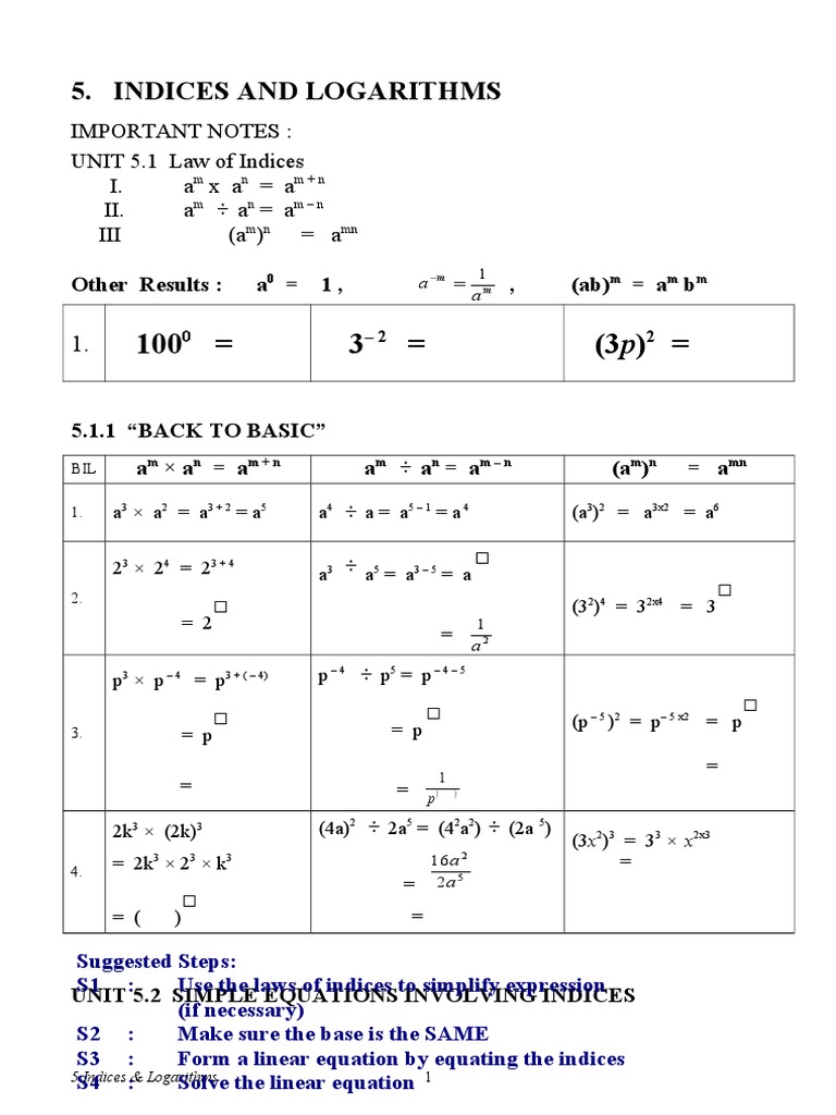Form 4 Additional Mathematics Chapter 5 Indices&Logarithms | PDF | Logarithm | Special Functions