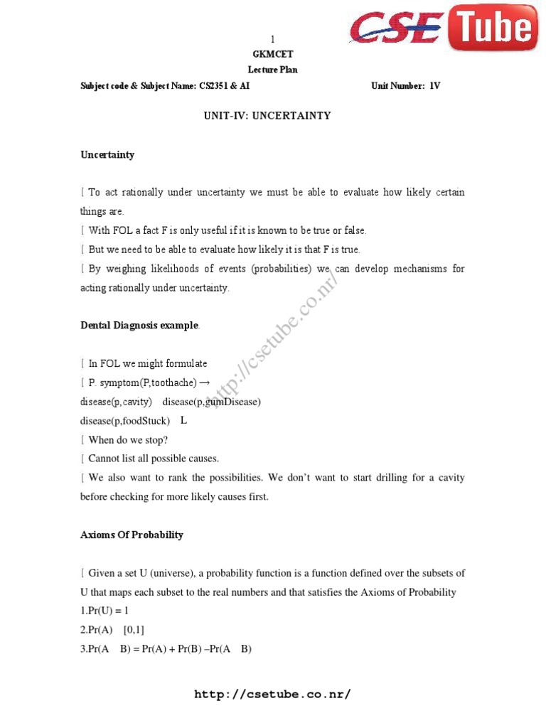 Unit-Iv: Uncertainty Uncertainty: Gkmcet Lecture Plan Subject Code & Subject Name: CS2351 & AI ...