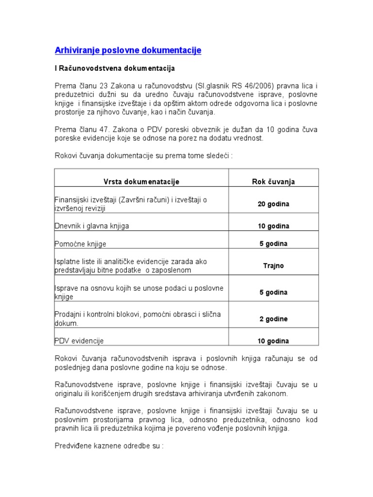 Arhiviranje Poslovne Dokumentacije | PDF