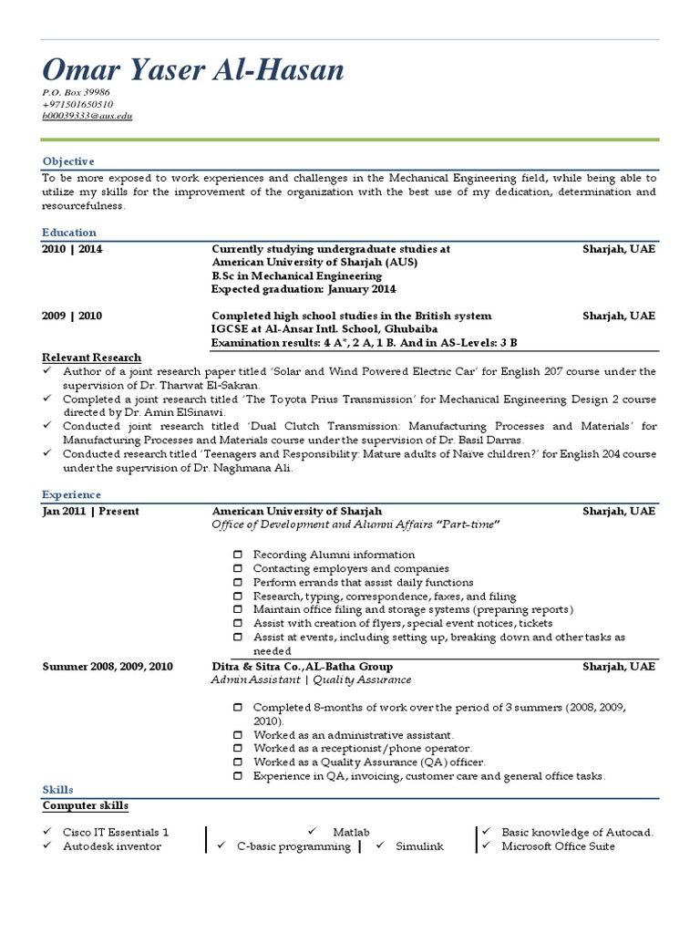 Omar Al-Hasan Resume 2013 | PDF | Mechanical Engineering | Engineering