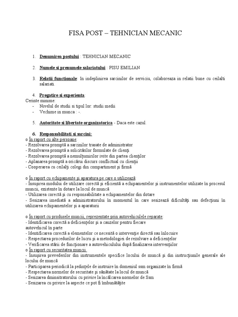 Fisa Post Mecanic | PDF