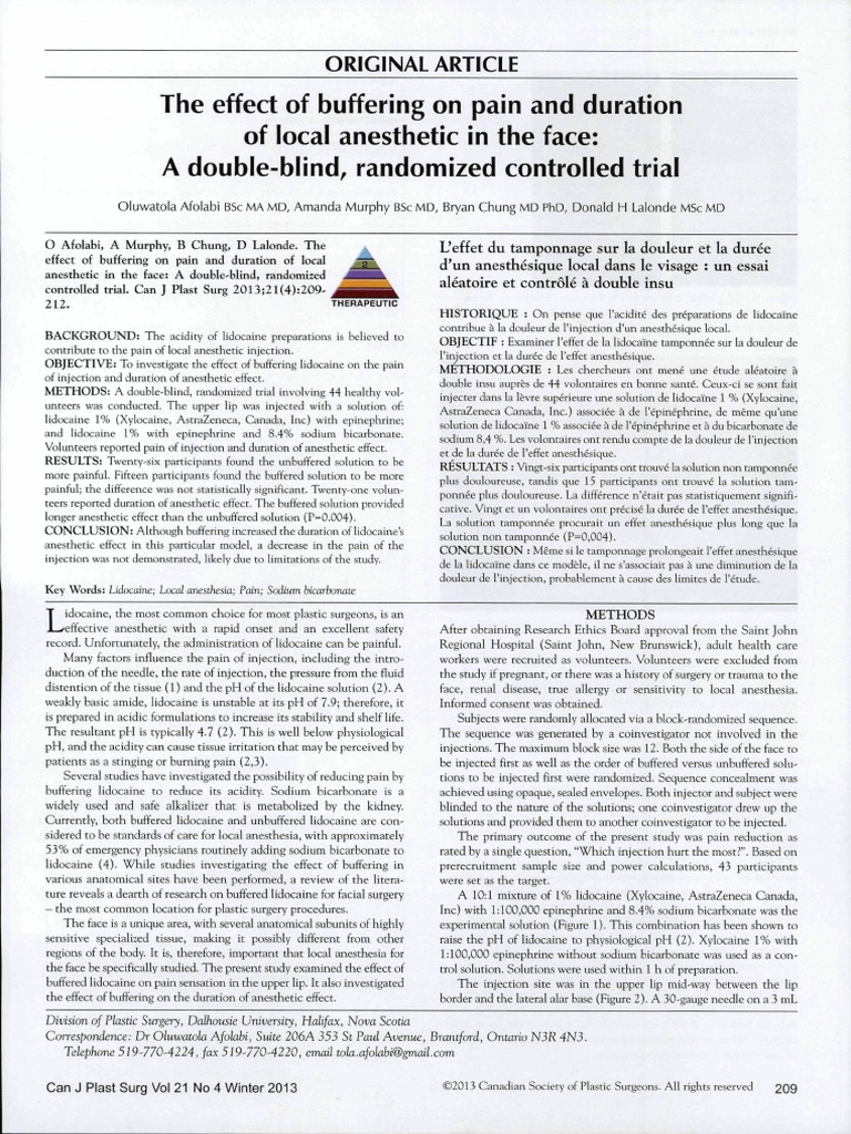 The Effect of Buffering On Pain and Duration of Local Anesthetic in The Face: A Double-Blind ...
