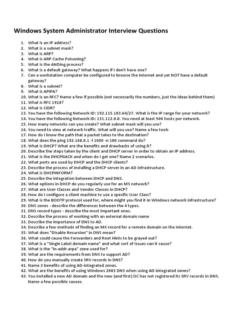Windows System Administrator Interview Questions | PDF | Domain Name System | Active Directory