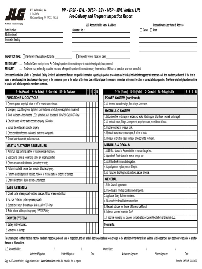 VS - VPSP - DVL - DVSP - SSV - MSP - MVL Vertical Lift - Pre-Delivery ...