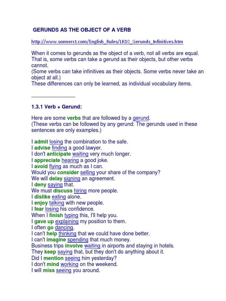 Gerunds As The Object of A Verb: Verbs | PDF | Object (Grammar) | Verb
