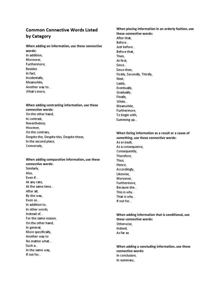 Common Connective Words Listed by Category | PDF | Causality | Reason