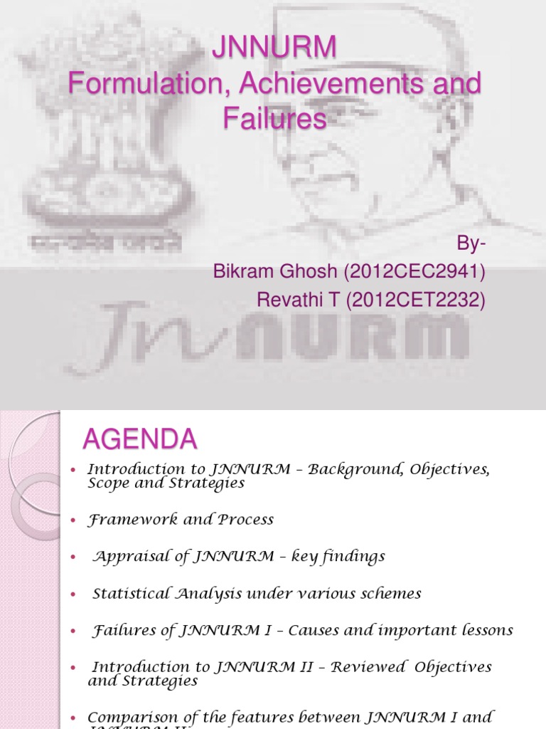 Jnnurm Formulation, Achievements and Failures: By-Bikram Ghosh (2012CEC2941) Revathi T ...