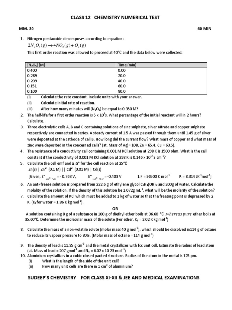 Class 12 Chemistry Numerical Test Set 2 | Solution | Zinc
