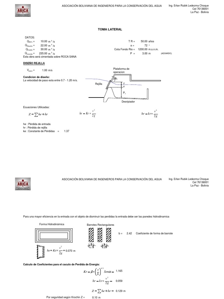 Diseño de Toma Lateral en Canales | PDF | Métodos y materiales de ...