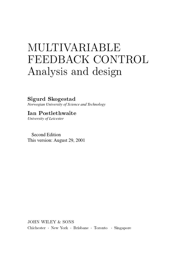 Multivariable Feedback Control - Analysis and Design PDF | PDF