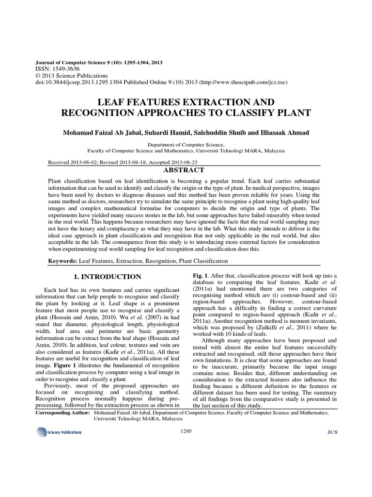 Leaf Features Extraction and Recognition Approaches To Classify Plant ...