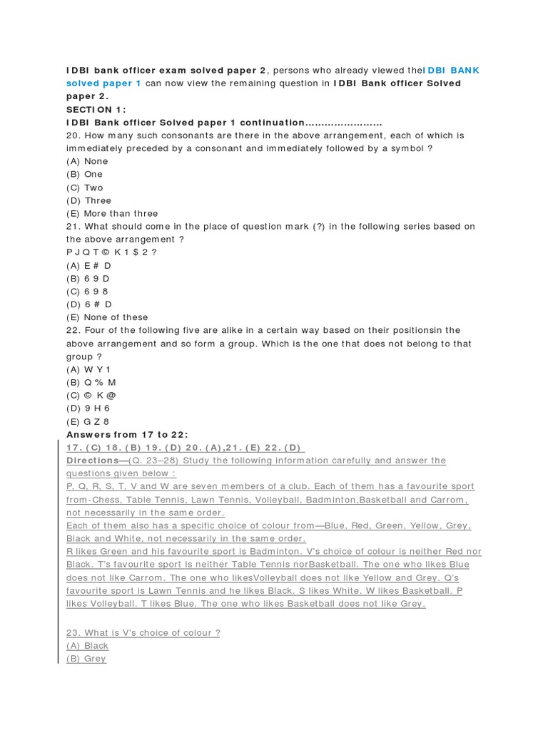 IDBI Bank Officer Exam Solved Paper 2, Persons Who Already Viewed The ...
