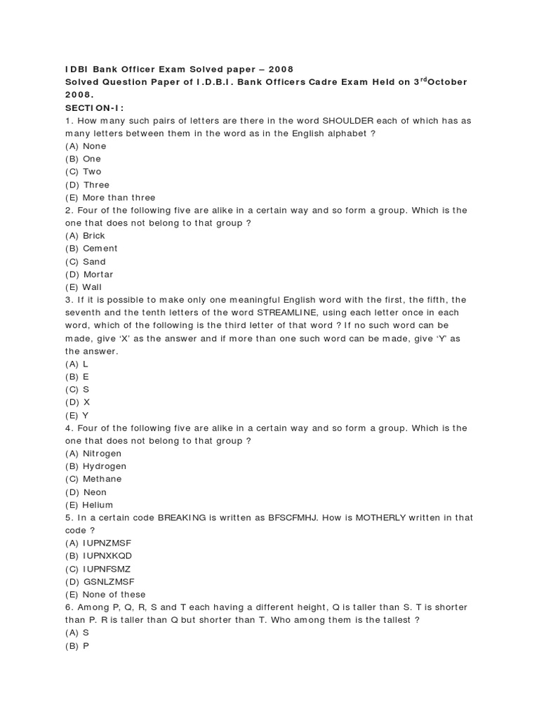 IDBI Bank Officer Exam Solved Paper - 2008 Solved Question Paper of I.D ...