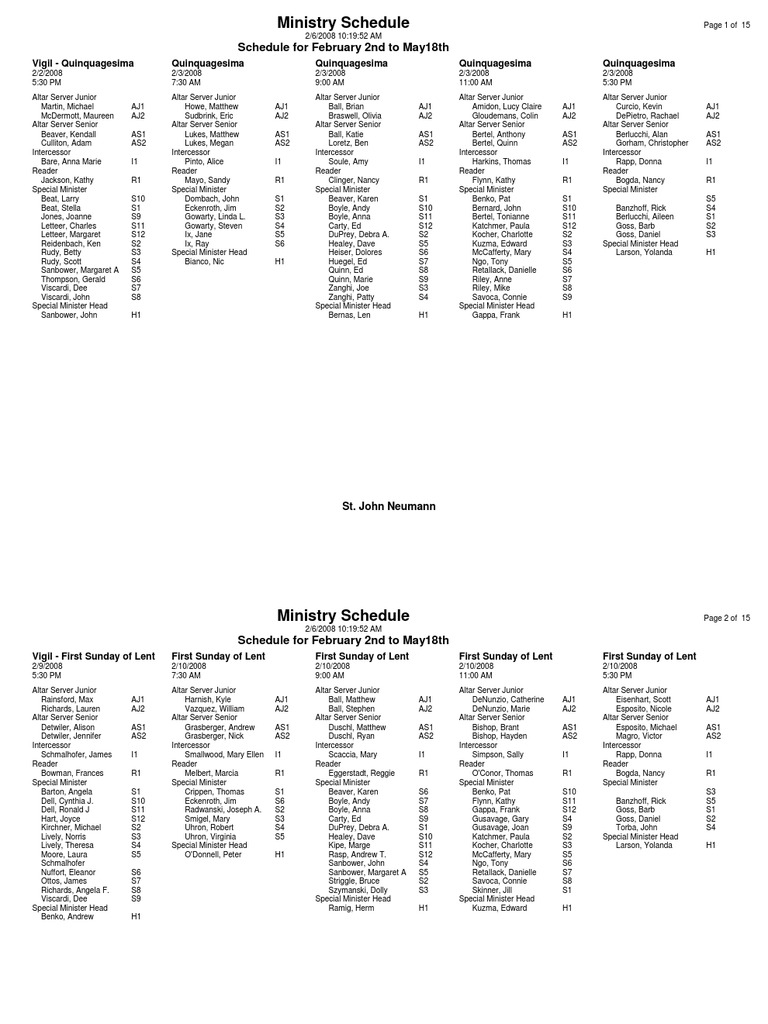 Ministry Schedule: Schedule For February 2nd To May18th | PDF