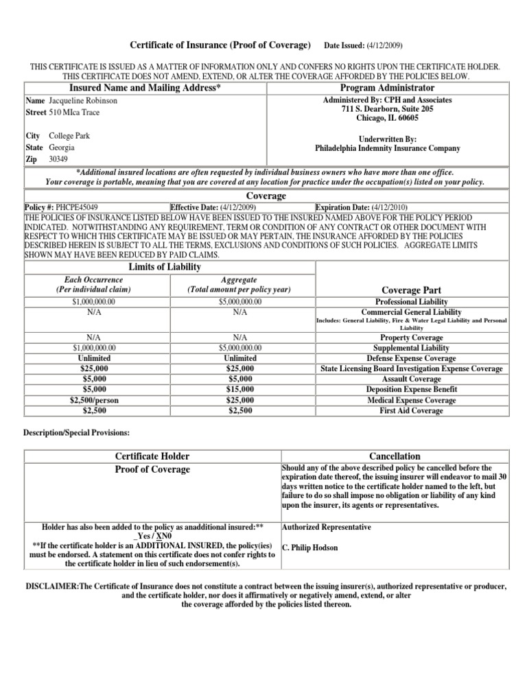 Certificate of Insurance (Proof of Coverage) | PDF | Professional ...