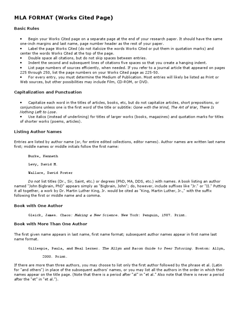 MLA FORMAT (Works Cited Page) : Basic Rules | Download Free PDF ...