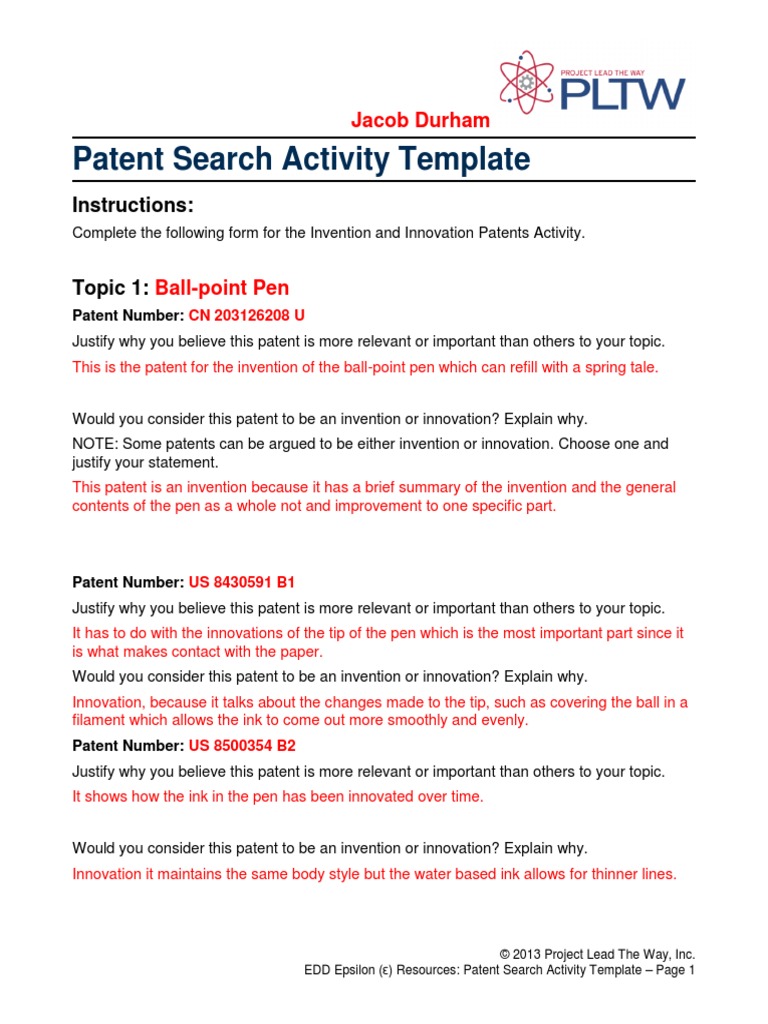 E1 2 Patent Searches - Activity Template | PDF | Patent | Invention