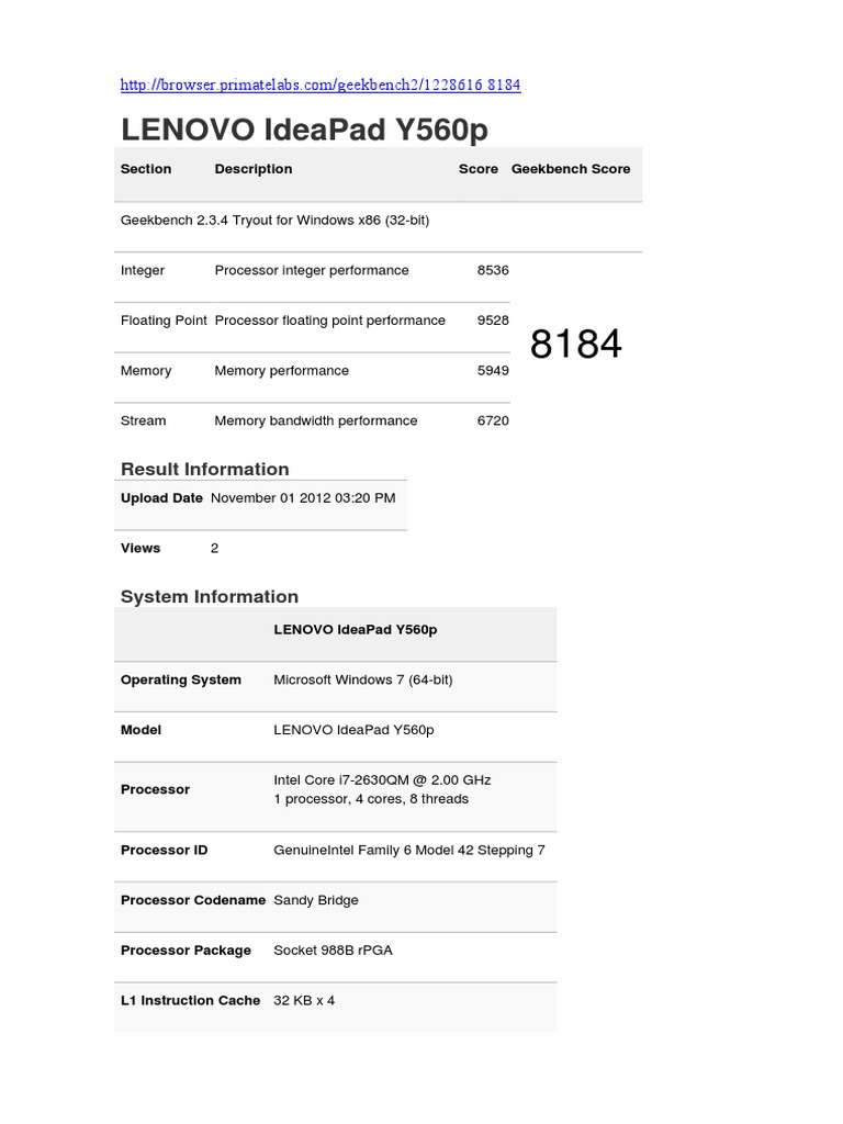 Lenovo Ideapad Y560P: Result Information | PDF | Cpu Cache | Integrated ...