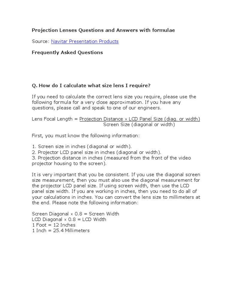 Projection Lenses Questions and Answers With Formulae PDF | Download ...