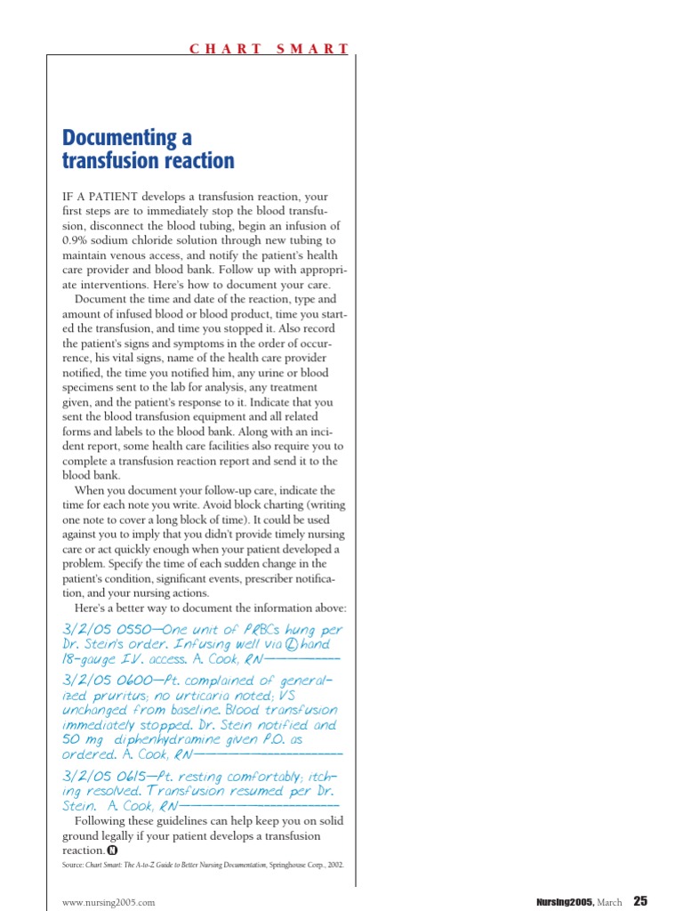 Documenting A Transfusion Reaction: Chart Smart | PDF | Blood ...