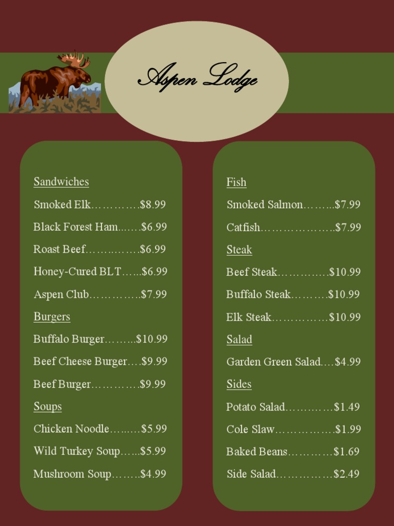Aspen Lodge Menu: Sandwiches, Burgers & More | PDF | Cooking, Food & Wine
