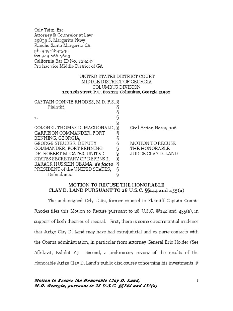 Motion To Recuse The Honorable CLAY D. LAND PURSUANT TO 28 U.S.C. 144 ...