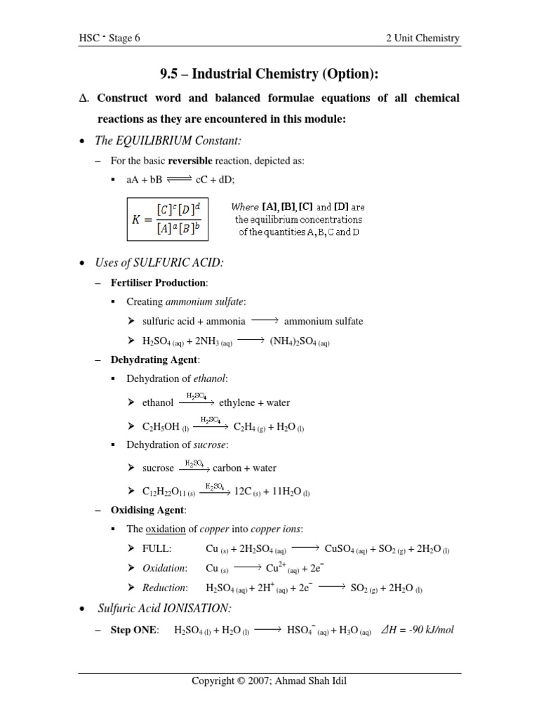 Industrial Chemistry Notes | PDF | Sulfuric Acid | Chlorine