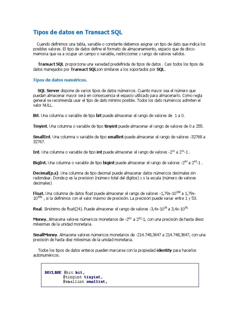Tipos de Datos en Transact SQL | PDF | Tipo de datos | Byte