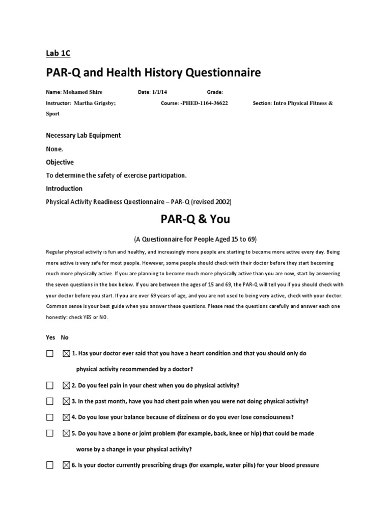 Lab 1C PAR-Q and Health History Questionnaire(1) | Physical Exercise ...