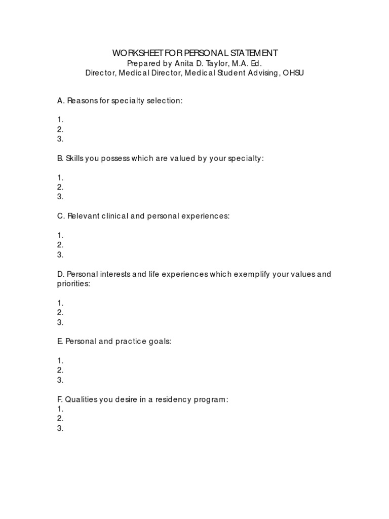 Worksheet For Personal Statement | PDF