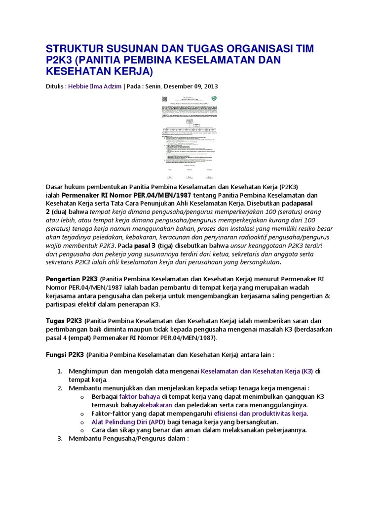 Struktur Susunan Dan Tugas Organisasi Tim p2k3 | PDF