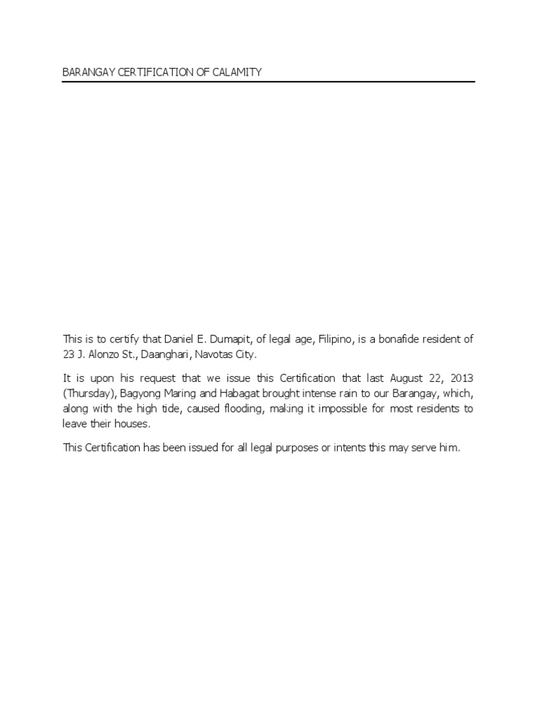 Barangay Certification of Calamity | PDF | Natural Hazards | Weather