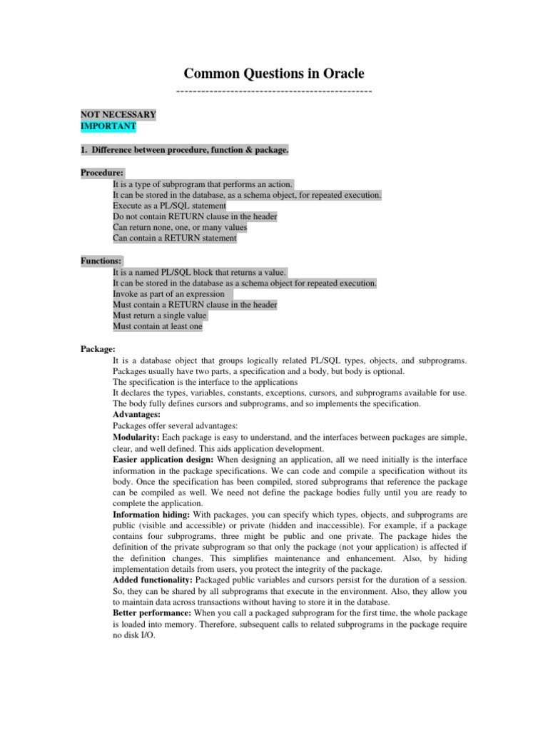 Common Questions in Oracle | PDF | Pl/Sql | Relational Model