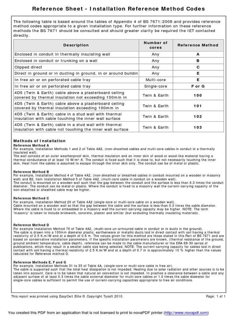 Installation Reference Method Codes BS7671 | PDF | Cable | Building ...