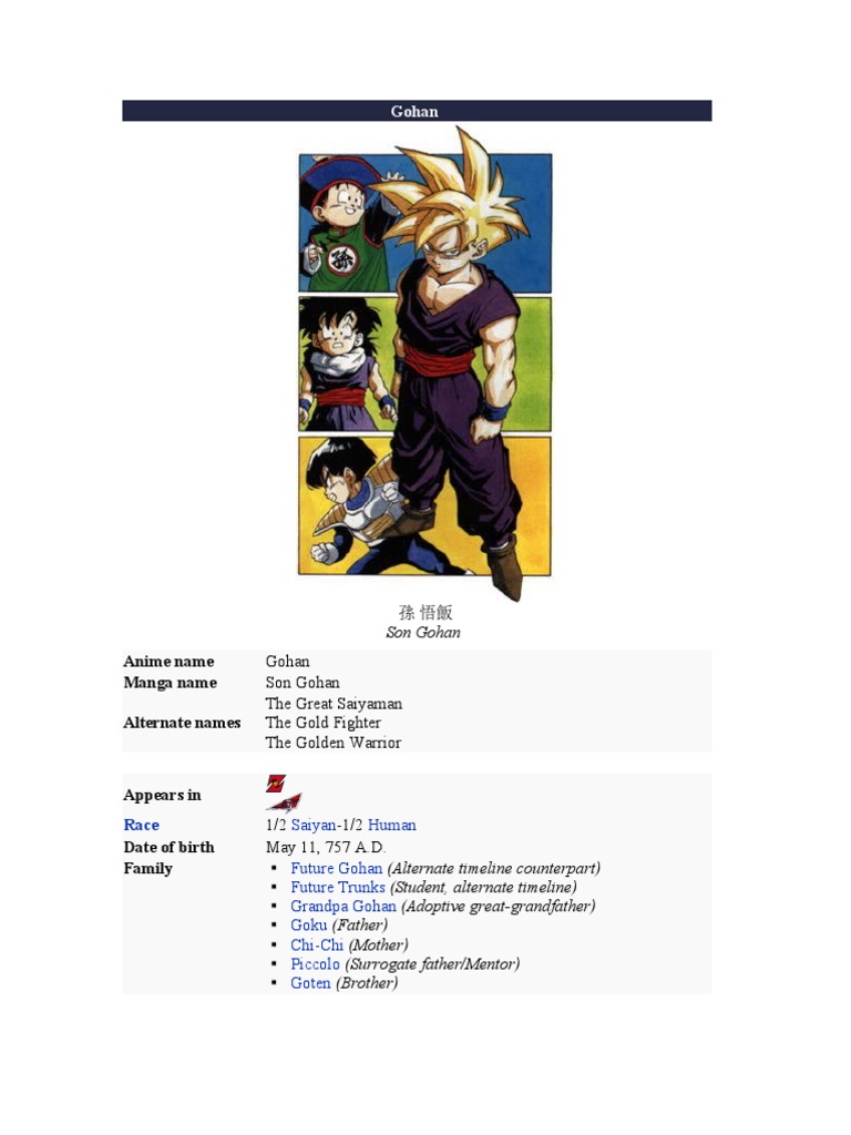 孫 悟飯 Son Gohan Anime Name Manga Name Alternate Names | PDF | Dragon Ball