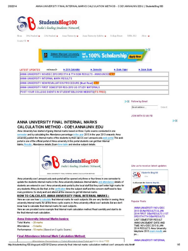 Anna University Final Internal Marks Calculation Method - Coe1.Annauniv ...