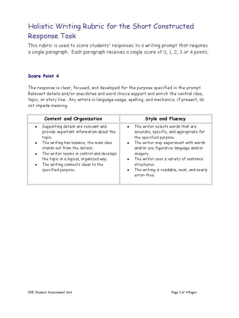 Holistic Writing Rubric For The Short Constructed Response Task | PDF ...
