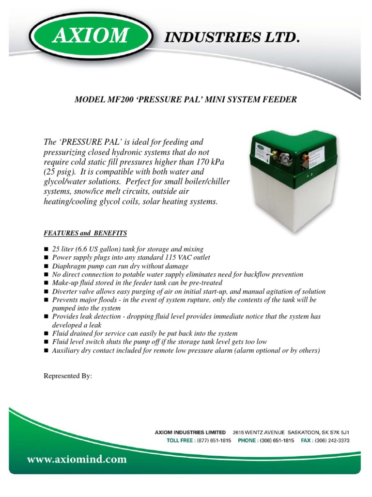 MF200 Mini Water/Glygol Closed Hydronic System Feeder, " Pressure Pal ...