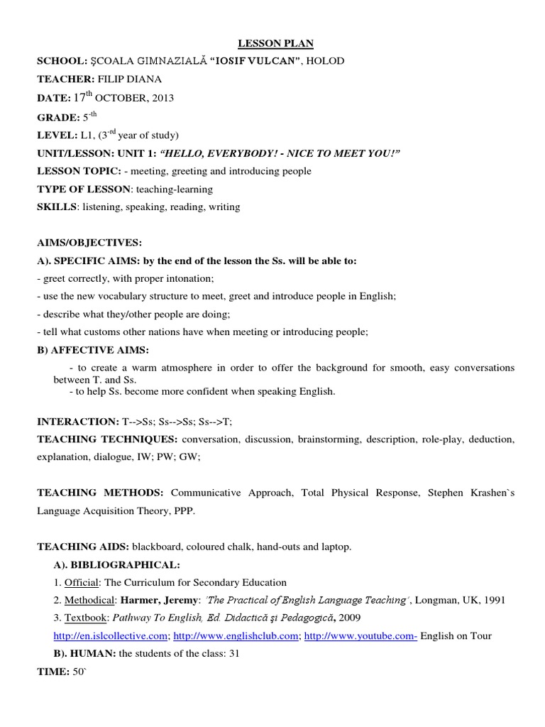 Nice to Meet You: Lesson Plan | PDF | Vocabulary | Lesson Plan