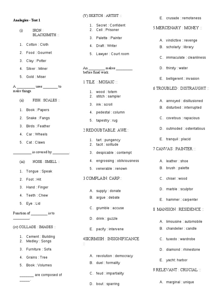 5 Mercenary: Money::: Analogies - Test 1 | PDF | Nature