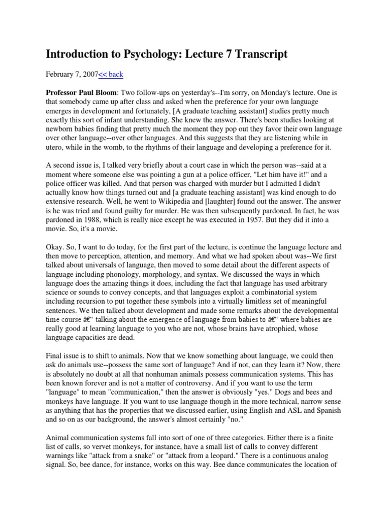 Introduction To Psychology: Lecture 7 Transcript | PDF | Recall (Memory ...