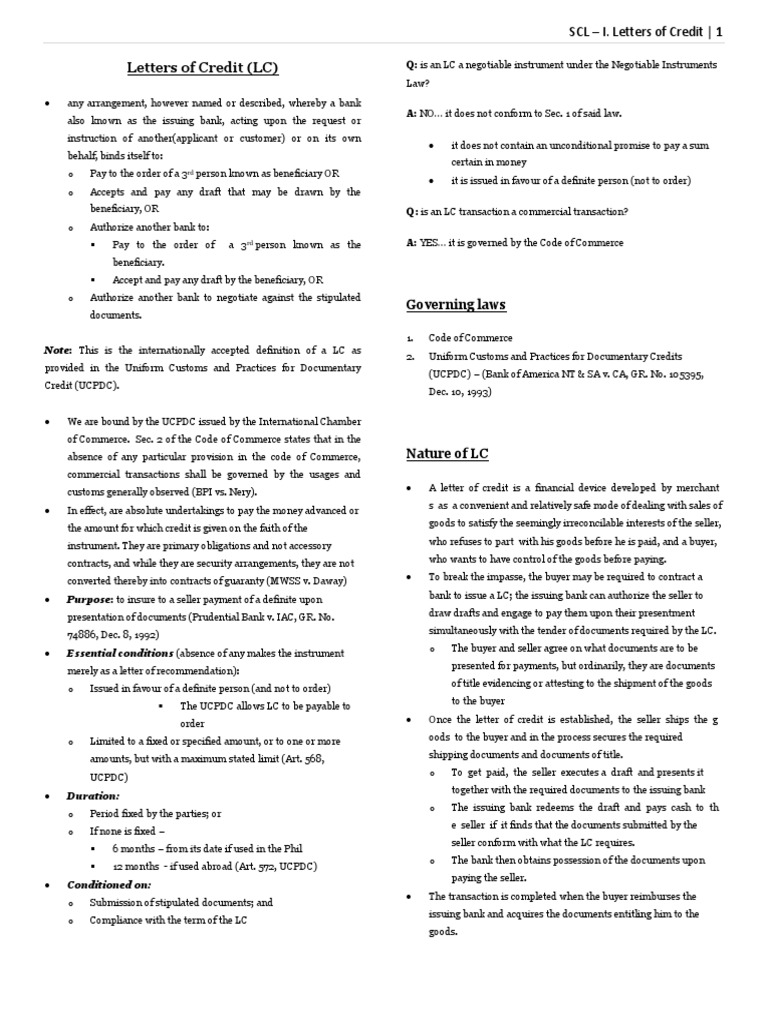 SCL - I. Letters of Credit | PDF | Letter Of Credit | Credit (Finance)