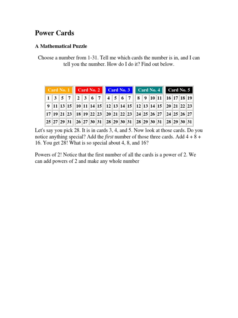 Power Cards: A Mathematical Puzzle | PDF