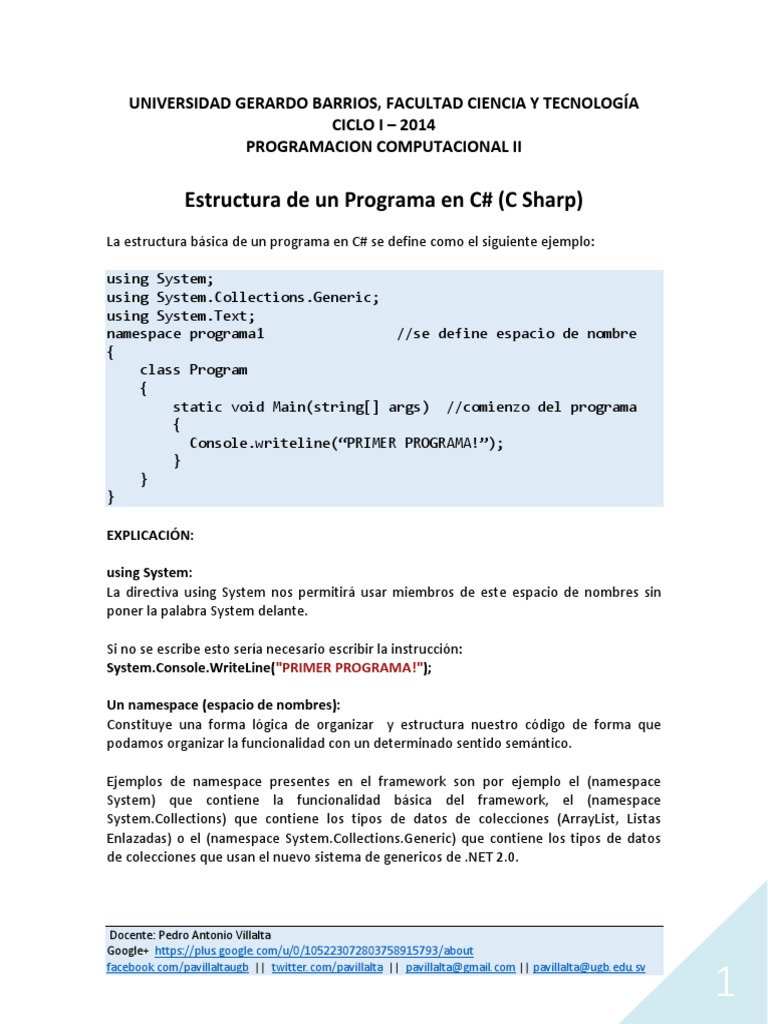 Estructura De Un Programa En C Sharp Pdf C Sharp Lenguaje De Programación Tipo De Datos 9466
