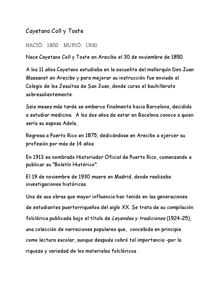 Biografia de Cayetano Coll y Toste | PDF | Escuelas