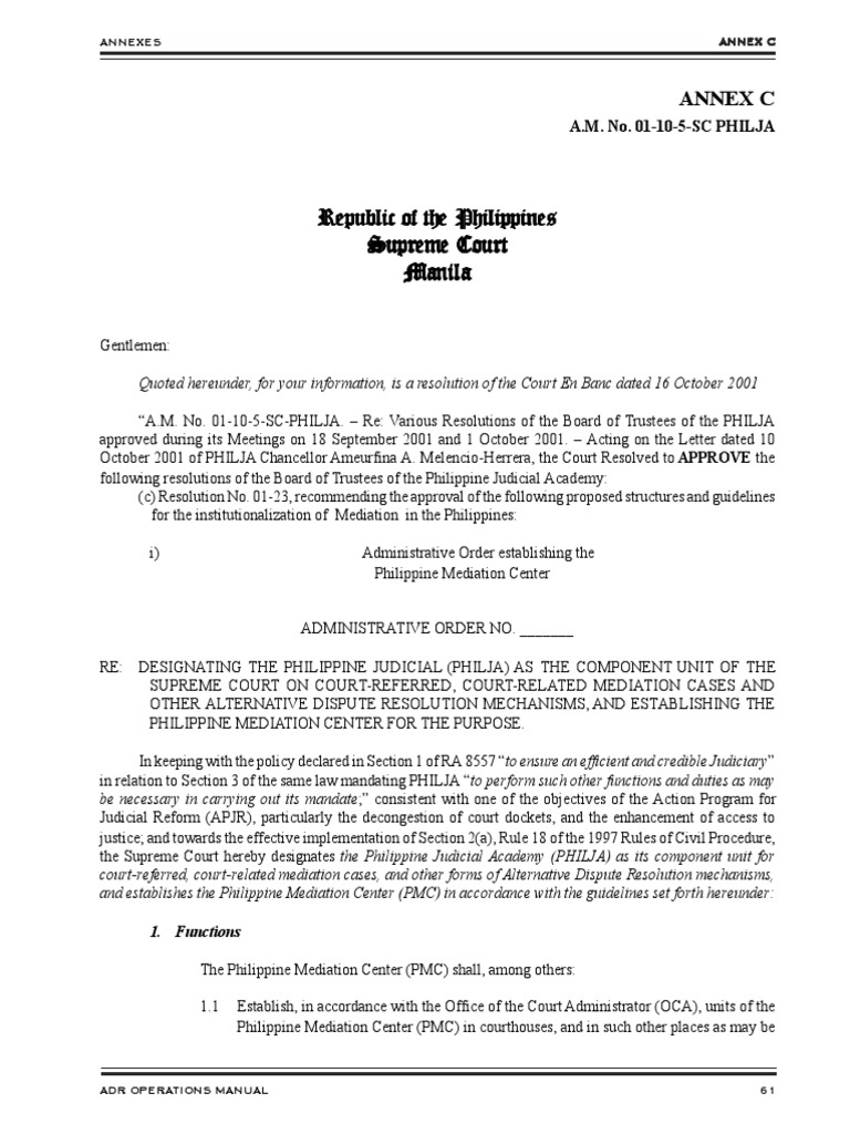 ADR Operations Manual - AM No 01-10-05 SC - ADR Guidelines | Download Free PDF | Mediation ...