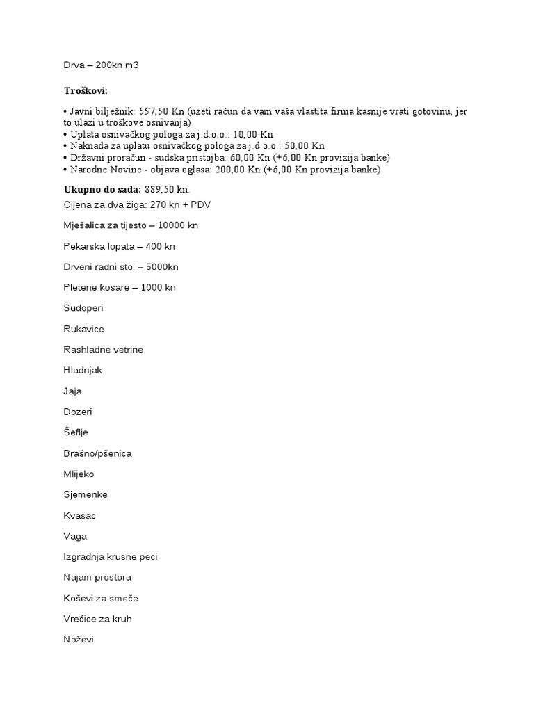 Troskovnik Pekar | PDF