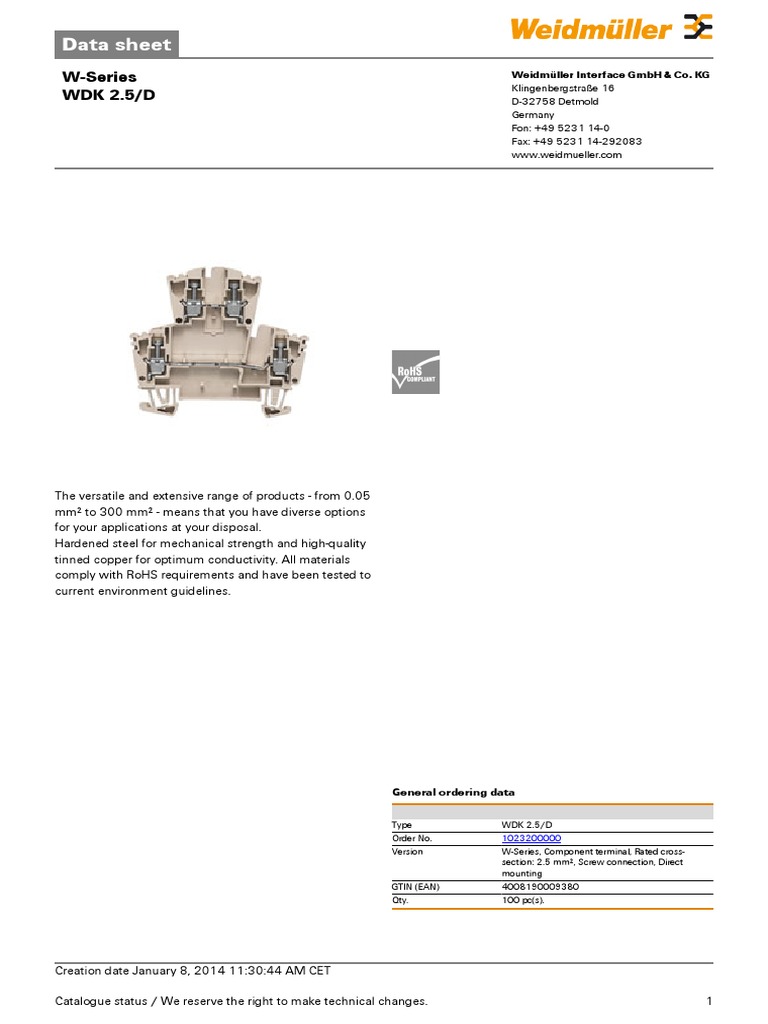 Weidmüller WDK 2.5/D Data Sheet | PDF | Electrical Wiring | Electrical ...